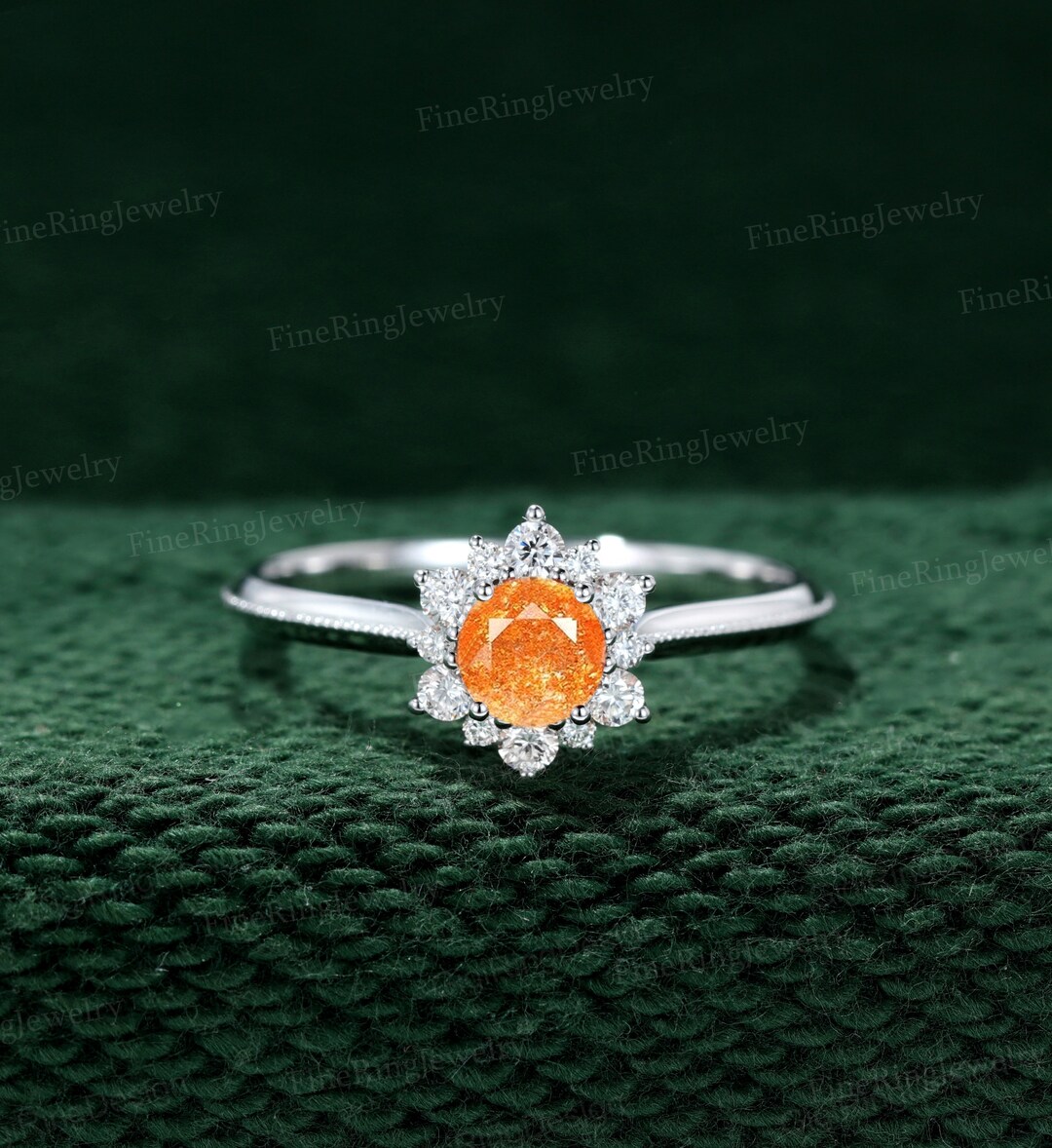 Round Shaped Sunstone Engagement Ring Unique Solid 14K White Gold ...