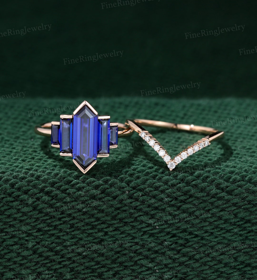 Hexagon Lab Sapphire Engagement Ring Set Unique Rose Gold Engagement ...