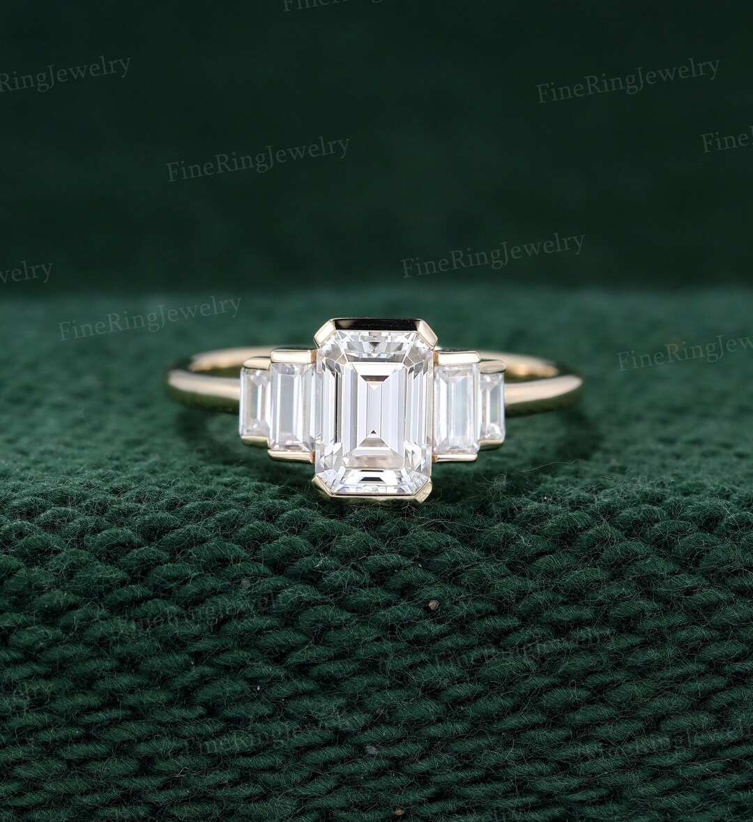 Unique Emerald Cut Moissanite Engagement Ring Cluster Baguette ...