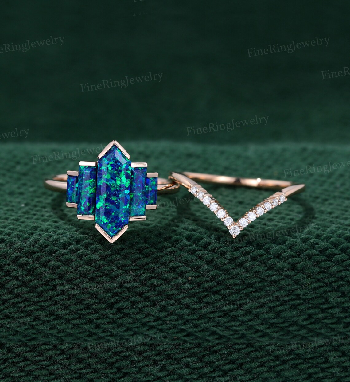 Hexagon Black Opal Engagement Ring Set Cluster Baguette Bezel Set Art ...