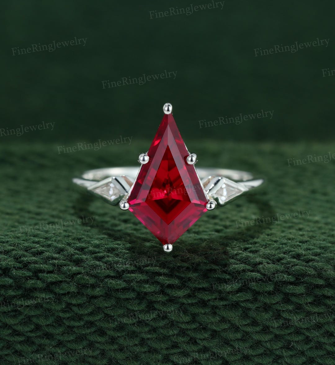 Kite Cut Lab Ruby Engagement Ring 10K/14K/18K White Gold Engagement ...