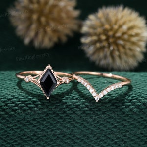 Unique Black Onyx Rhombus Cut Engagement Ring Set Vintage Rose Gold ...