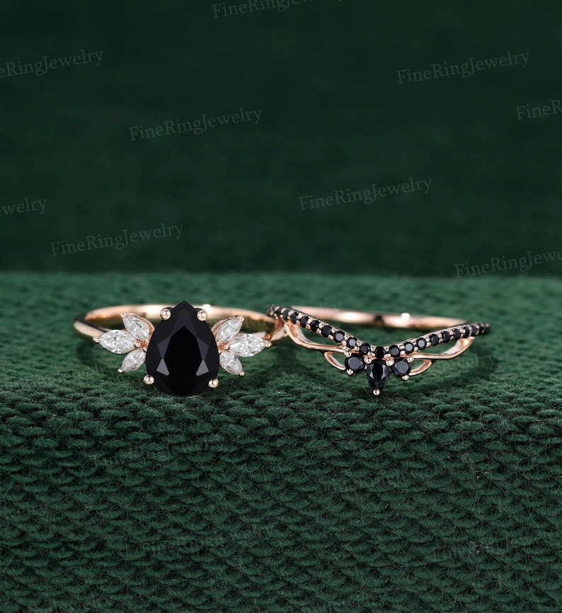 Unique Pear Cut Black Onyx Engagement Ring Set Vintage Women Art Deco ...