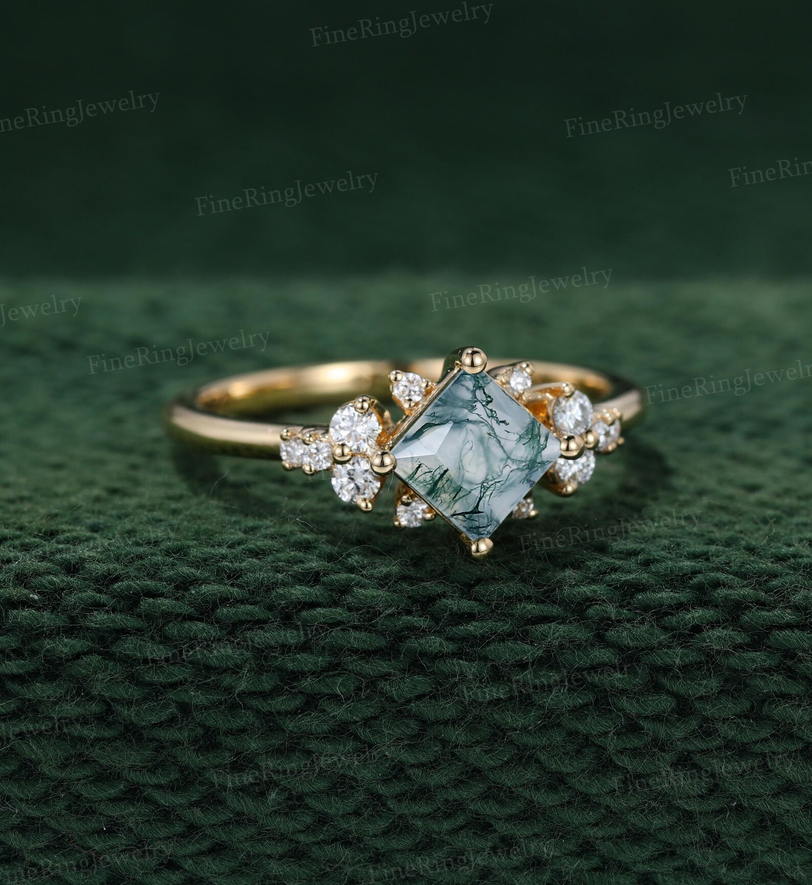 Princess Cut Vintage Moss Agate Engagement Ring 14K Yellow Gold ...