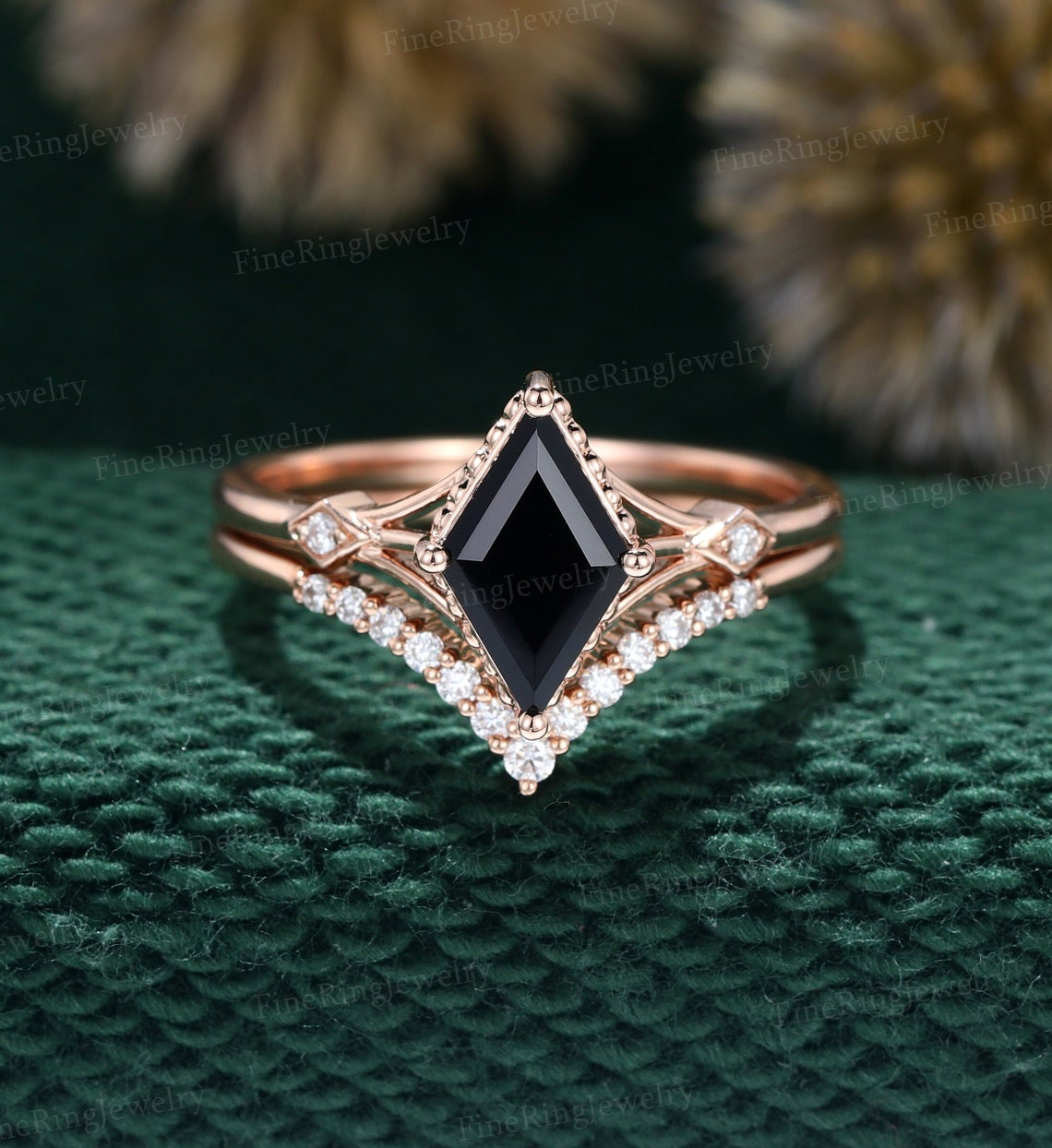 Unique Black Onyx Rhombus Cut Engagement Ring Set Vintage Rose Gold ...