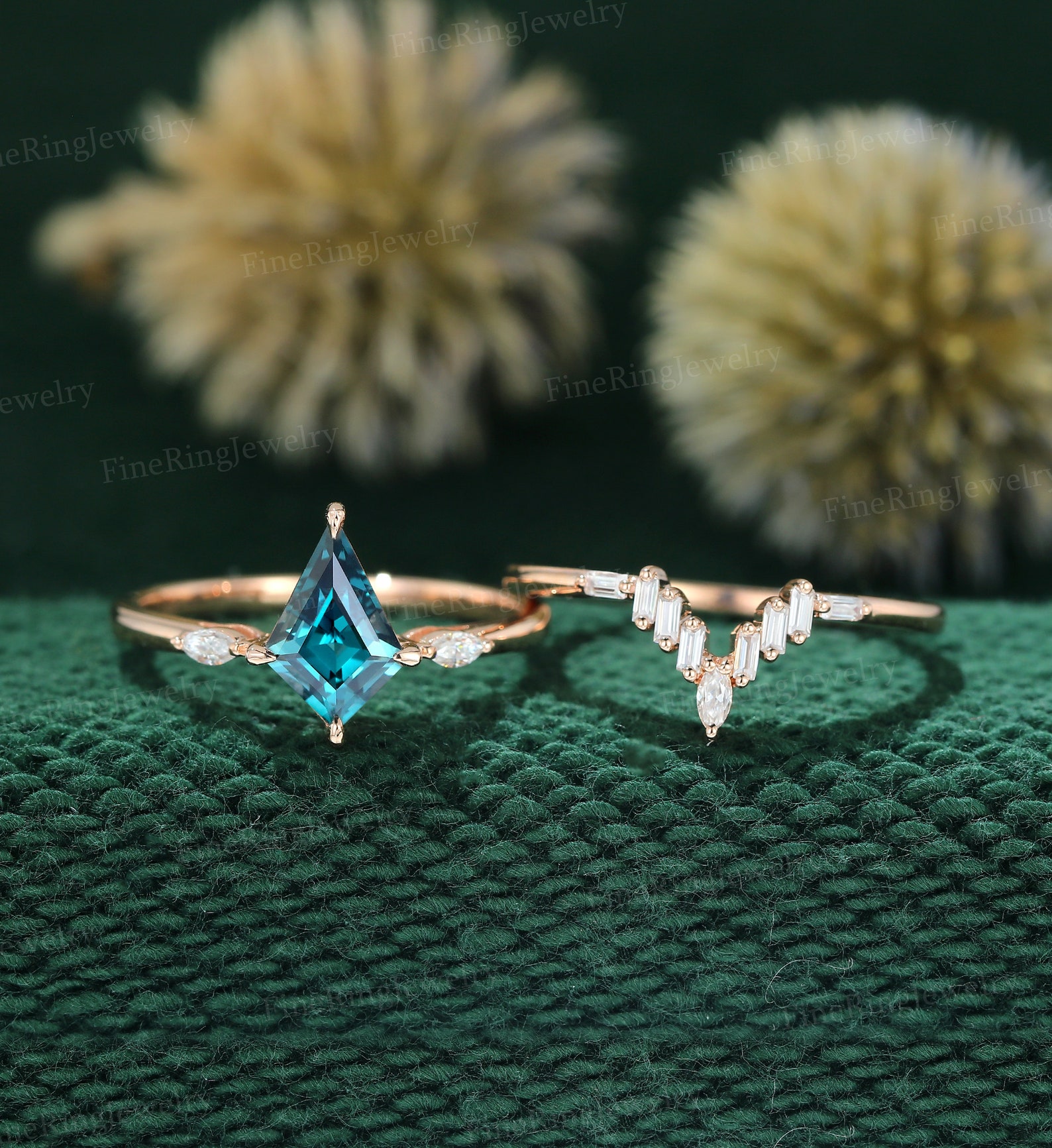 Kite Cut Rings Unique Blue Green Sapphire Engagement Ring Set - Etsy