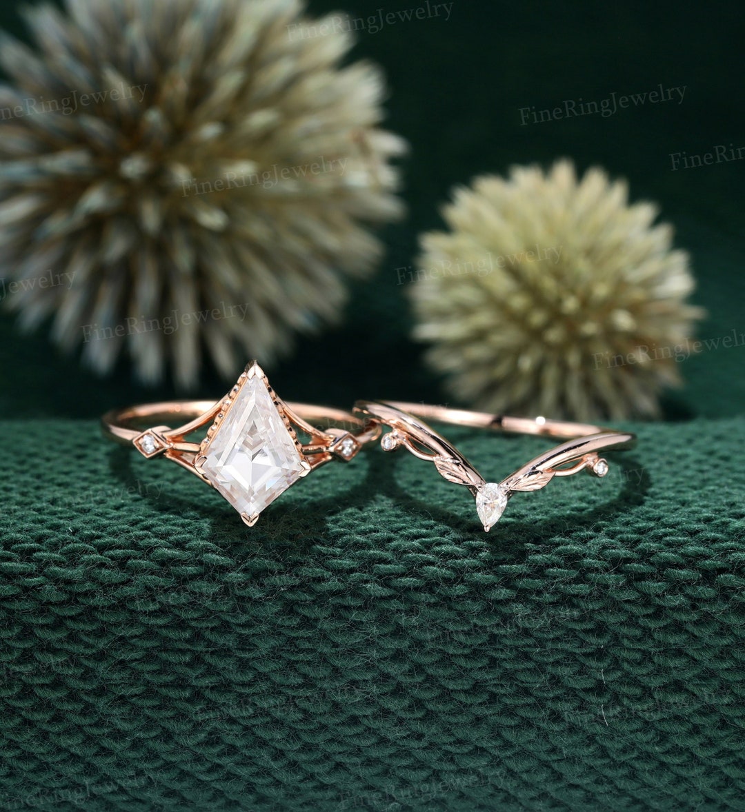 Kite Cut Engagement Rings Set 14K Rose Gold 7*10mm Kite Shape Moissante ...