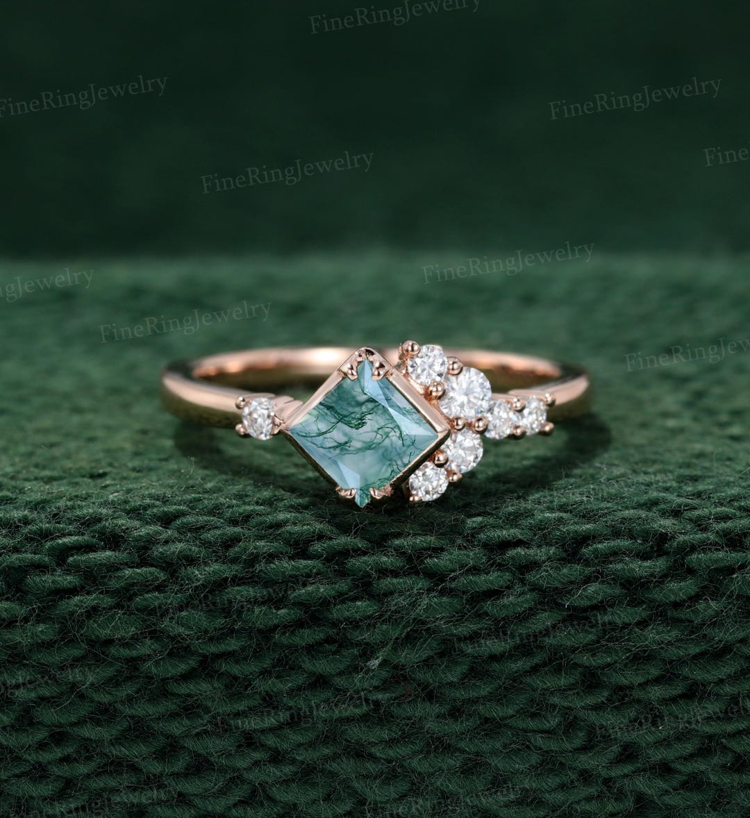 Princess Cut Moss Agate Engagement Ring Unique Vintage Rose Gold ...
