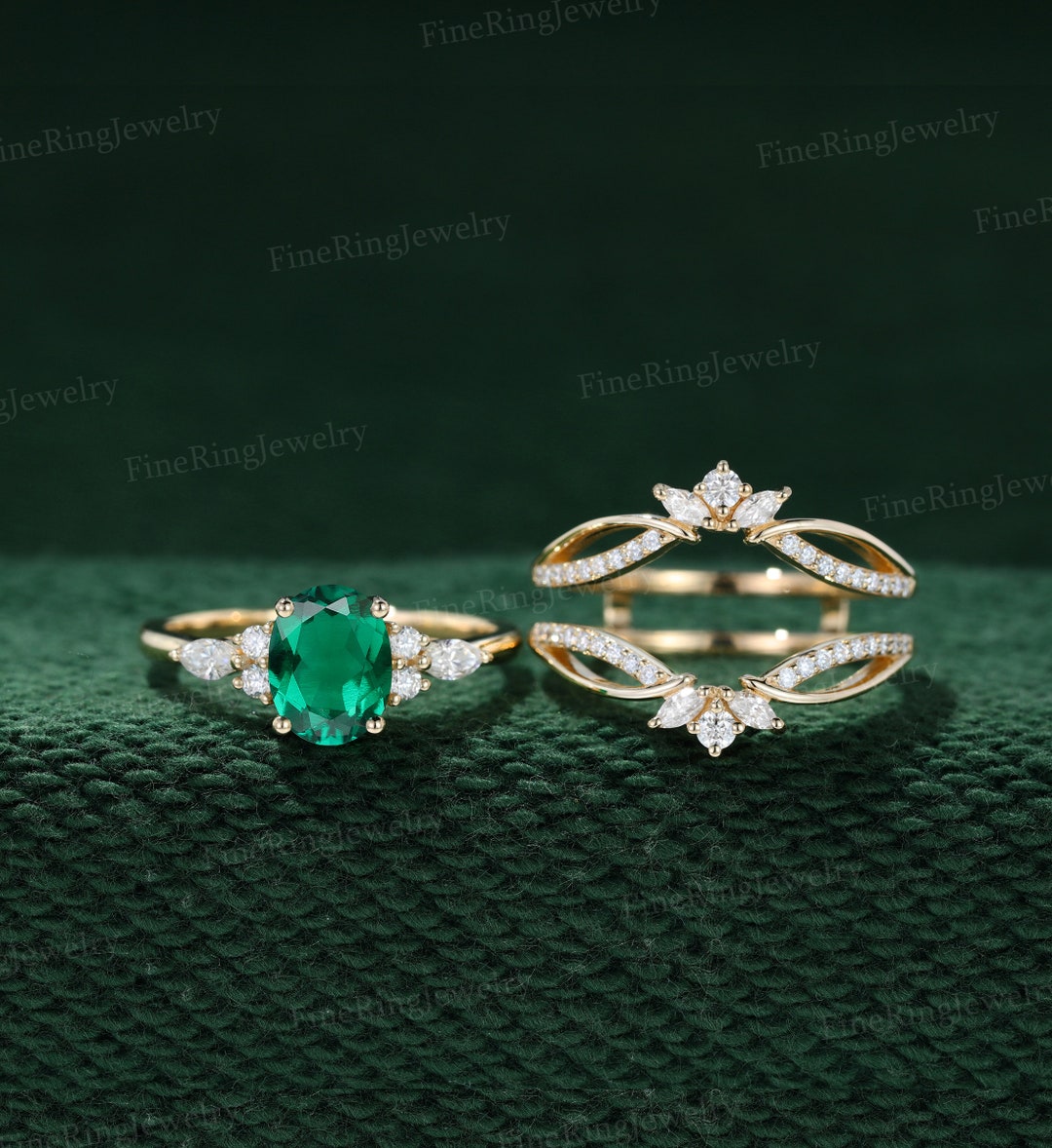 Unique Oval Lab Emerald Engagement Ring Set Yellow Gold Double Row ...