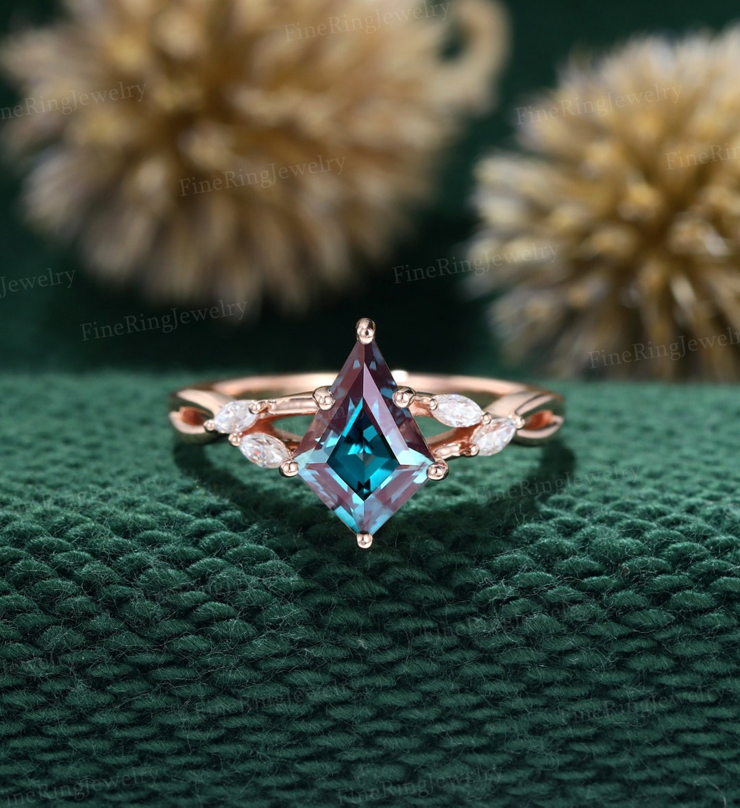 Kite Cut Alexandrite Engagement Ring Vintage Rose Gold Ring Unique ...