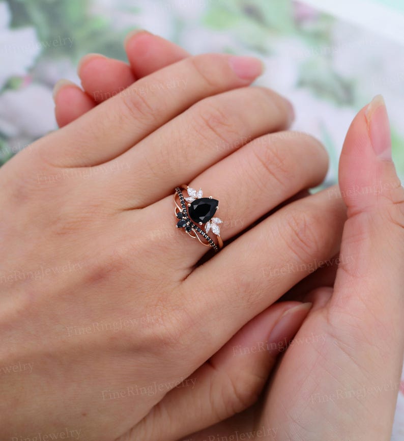 Unique Pear Cut Black Onyx Engagement Ring Set Vintage Women Art Deco ...