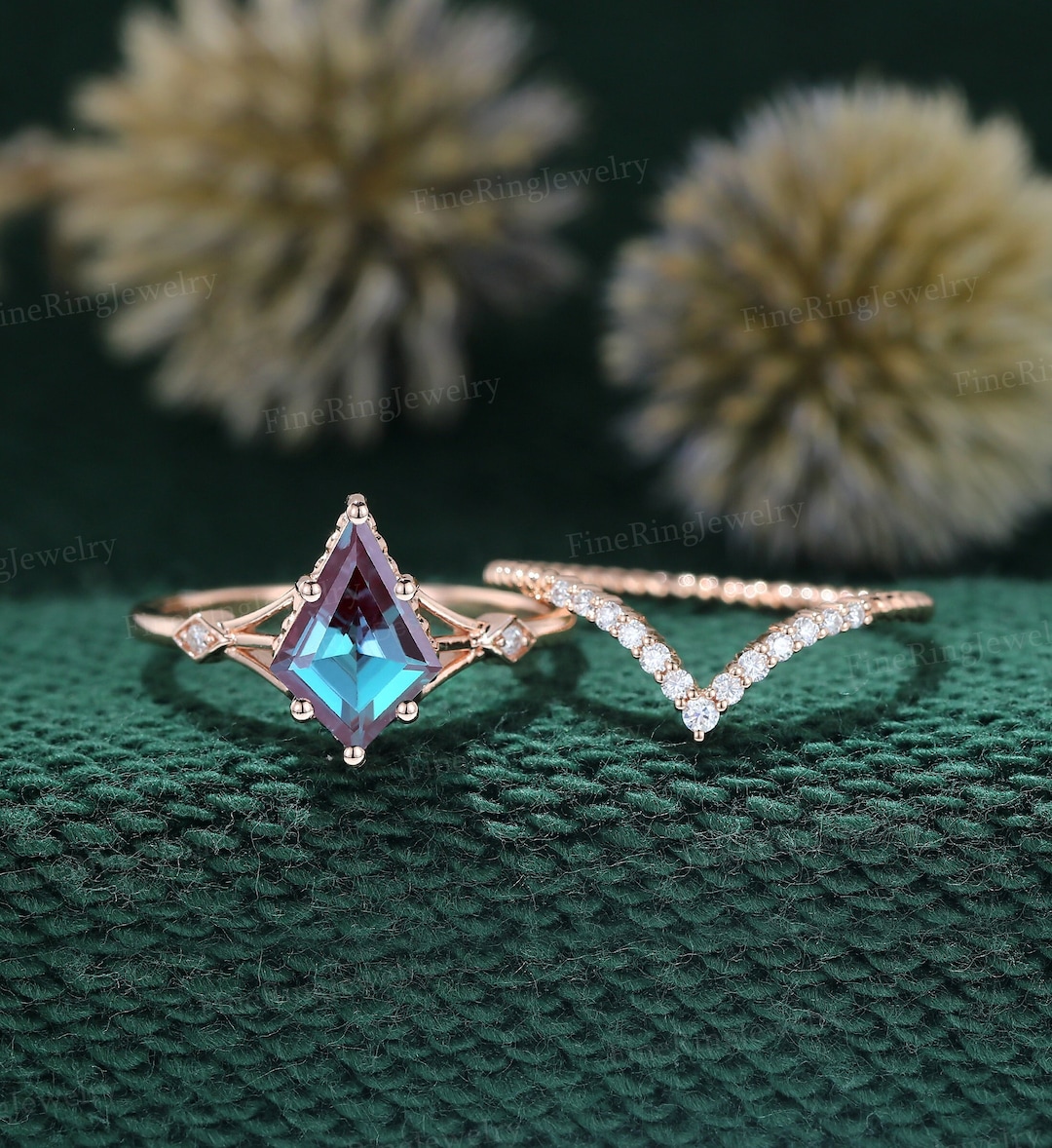 Kite Cut Alexandrite Engagement Ring Set Unique Rose Gold Engagement ...