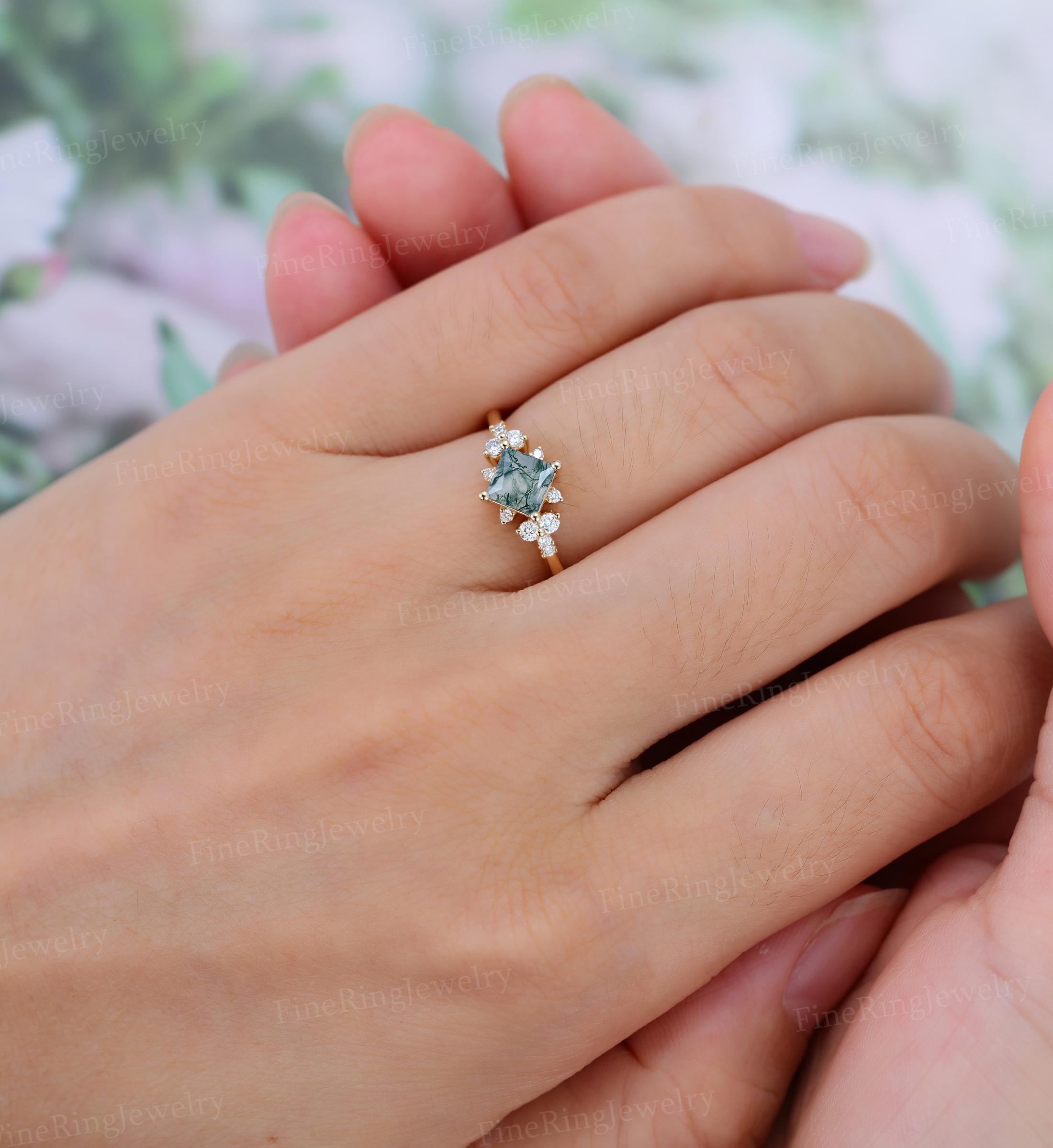 Princess Cut Vintage Moss Agate Engagement Ring 14K Yellow Gold ...