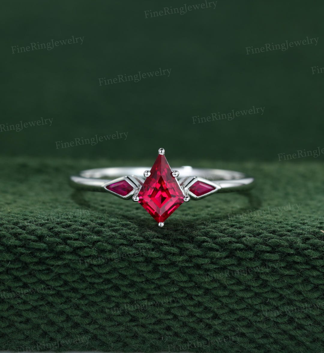 Kite Cut Lab Ruby Engagement Ring 10K/14K/18K White Gold Engagement ...