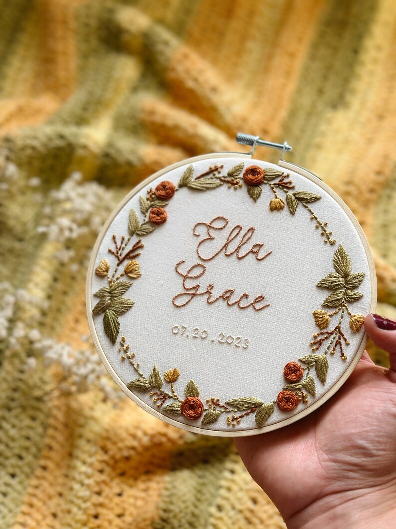 Hand Embroidered Floral Baby Name Hoop, Nursery Decor, Birth ...