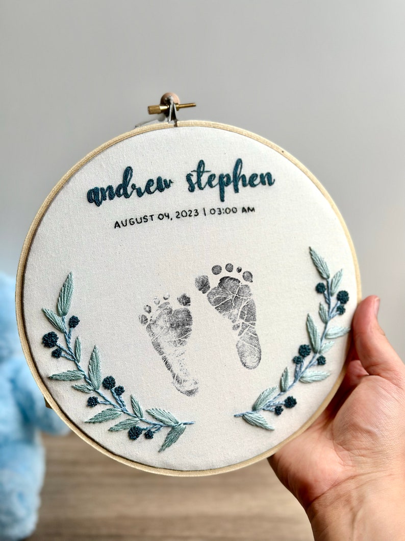 Hand Embroidered Baby Footprint Sign, Baby Birth Stats Embroidery ...