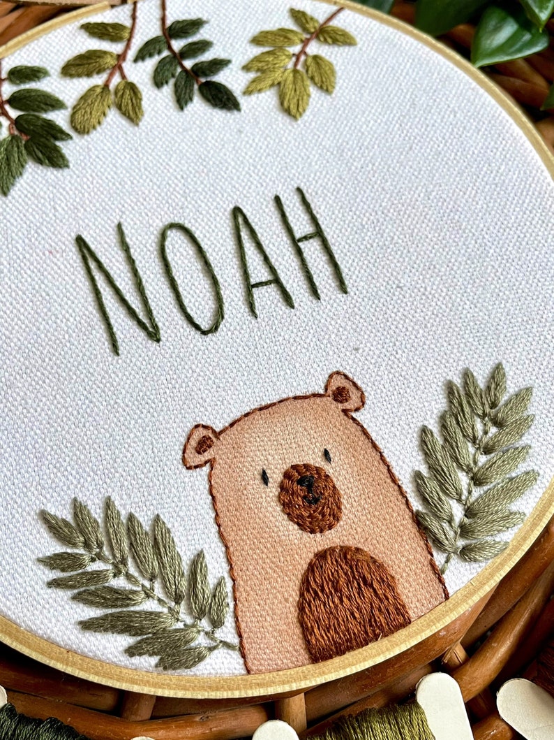 Custom Handmade Embroidery Name Sign for Nursery Brown Bear Theme, Baby ...