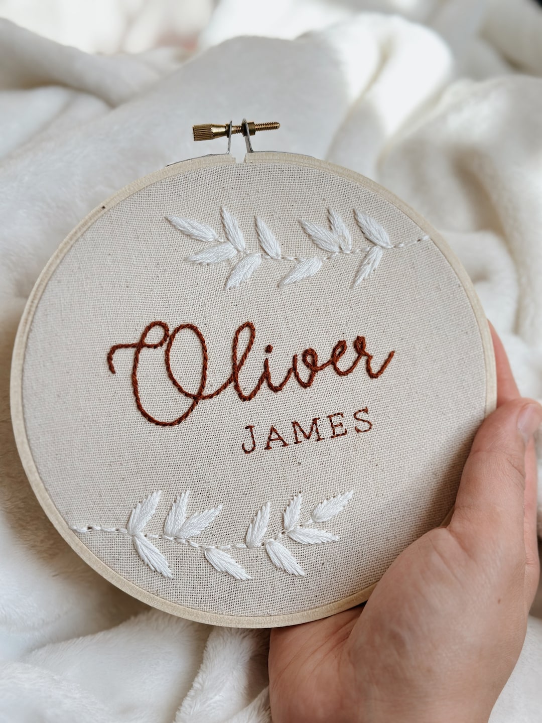 Hand Embroidered Name Hoop, Neutral Baby Name Sign for Nursery, Name ...