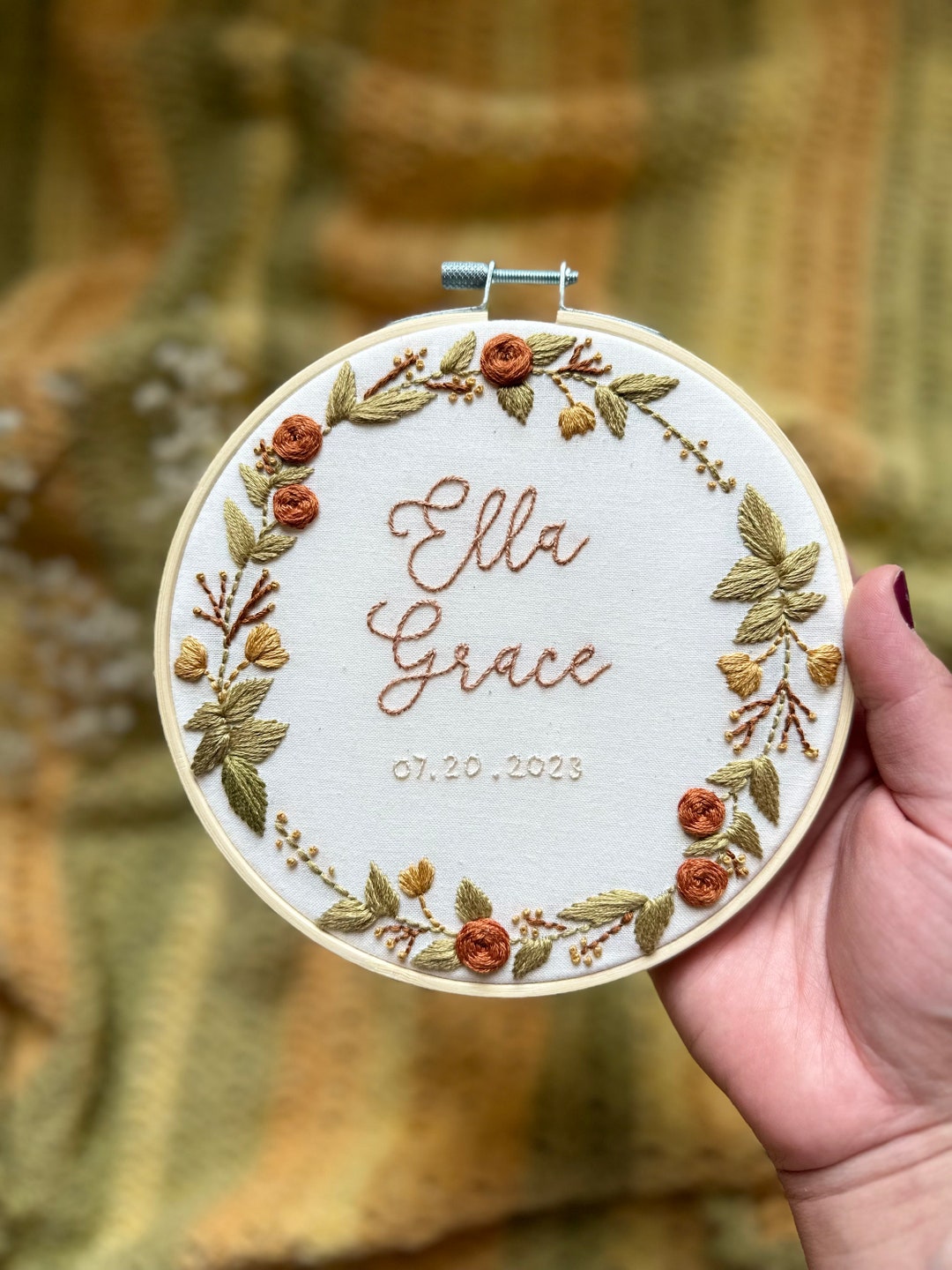 Baby Name Embroidery Hoop, Hand Embroidered Name Sign, Floral Theme ...