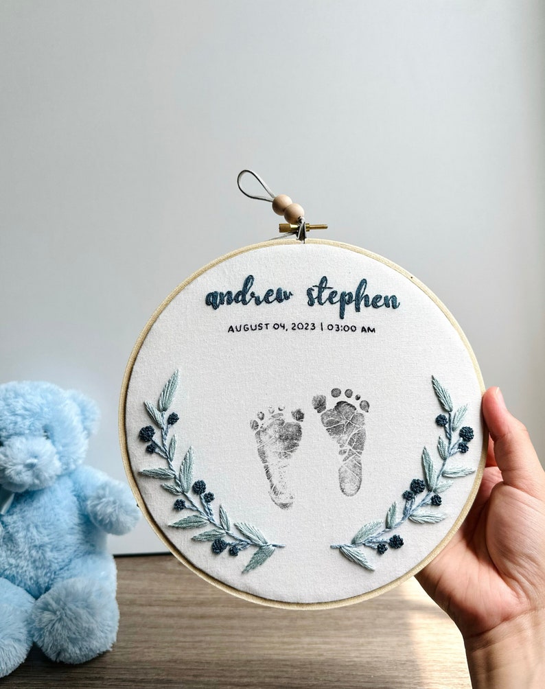 Hand Embroidered Baby Footprint Sign, Baby Birth Stats Embroidery ...