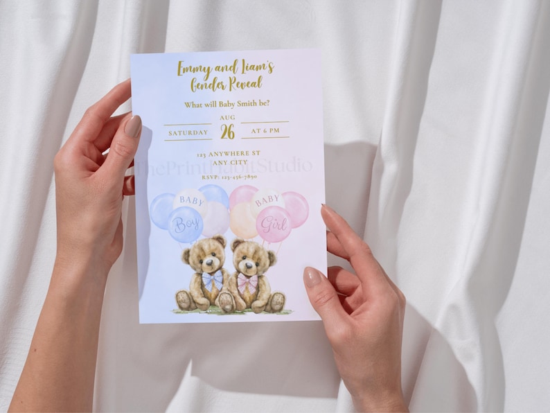 Teddy Bear Gender Reveal Invitation, Blue Pink Baby Shower Invite - Etsy UK