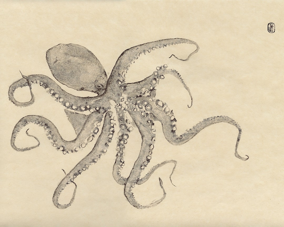 Gyotaku Print of California Two-spot Octopus in Black Sumi Ink on Tan ...