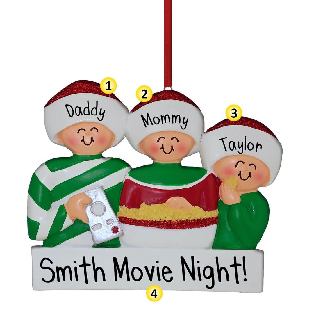 Personalized Family Movie Night - 3 Christmas Ornament - Watching TV ...