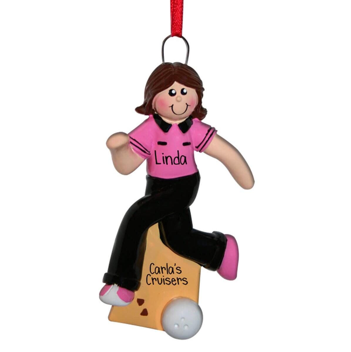 Female Bowler With Pink Shirt Brown Hair Christmas Ornaments Bowling ...