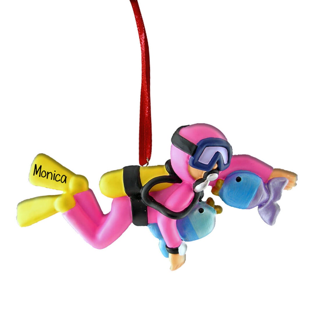 Pink SCUBA Diver With Fish - Female - Personalized Christmas Ornaments ...