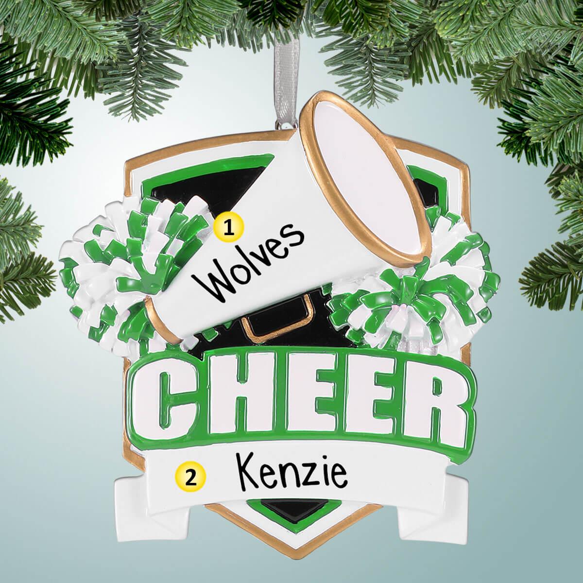 Personalized Cheer Banner With Megaphone - Green Christmas Ornament ...