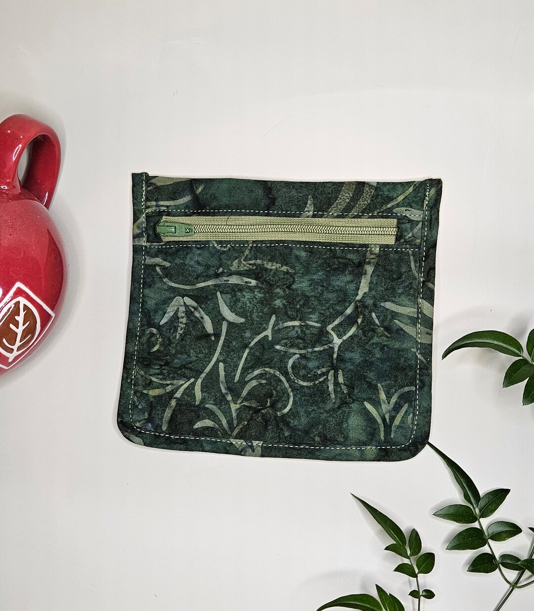 Green Zipper Pouch Bag, Patterned Coin Purse, Floral Pouch Bag, Lined ...
