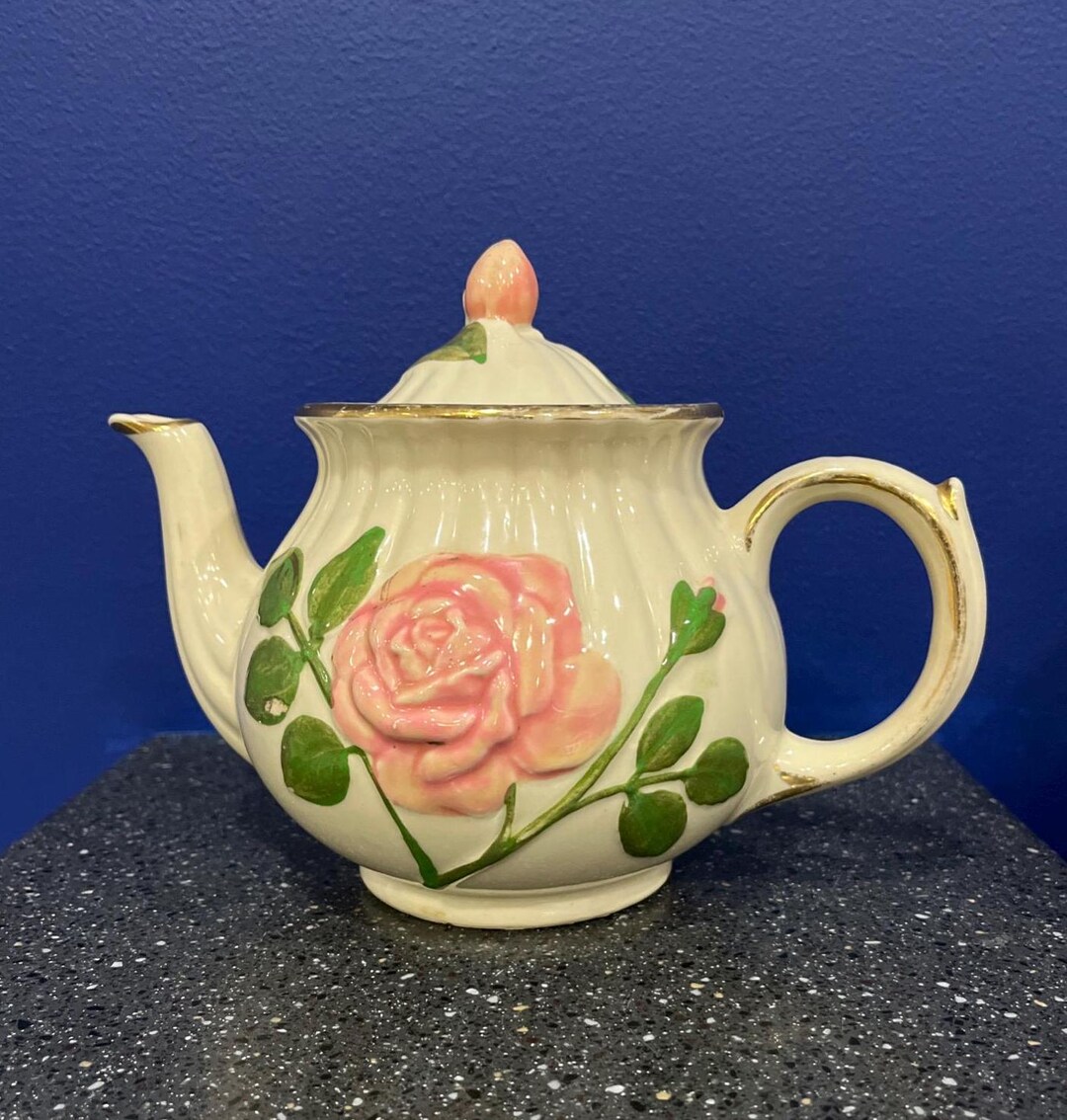 Vintage 1950's Shawnee Hand Painted Embossed Pottery Teapot Pink Roses ...