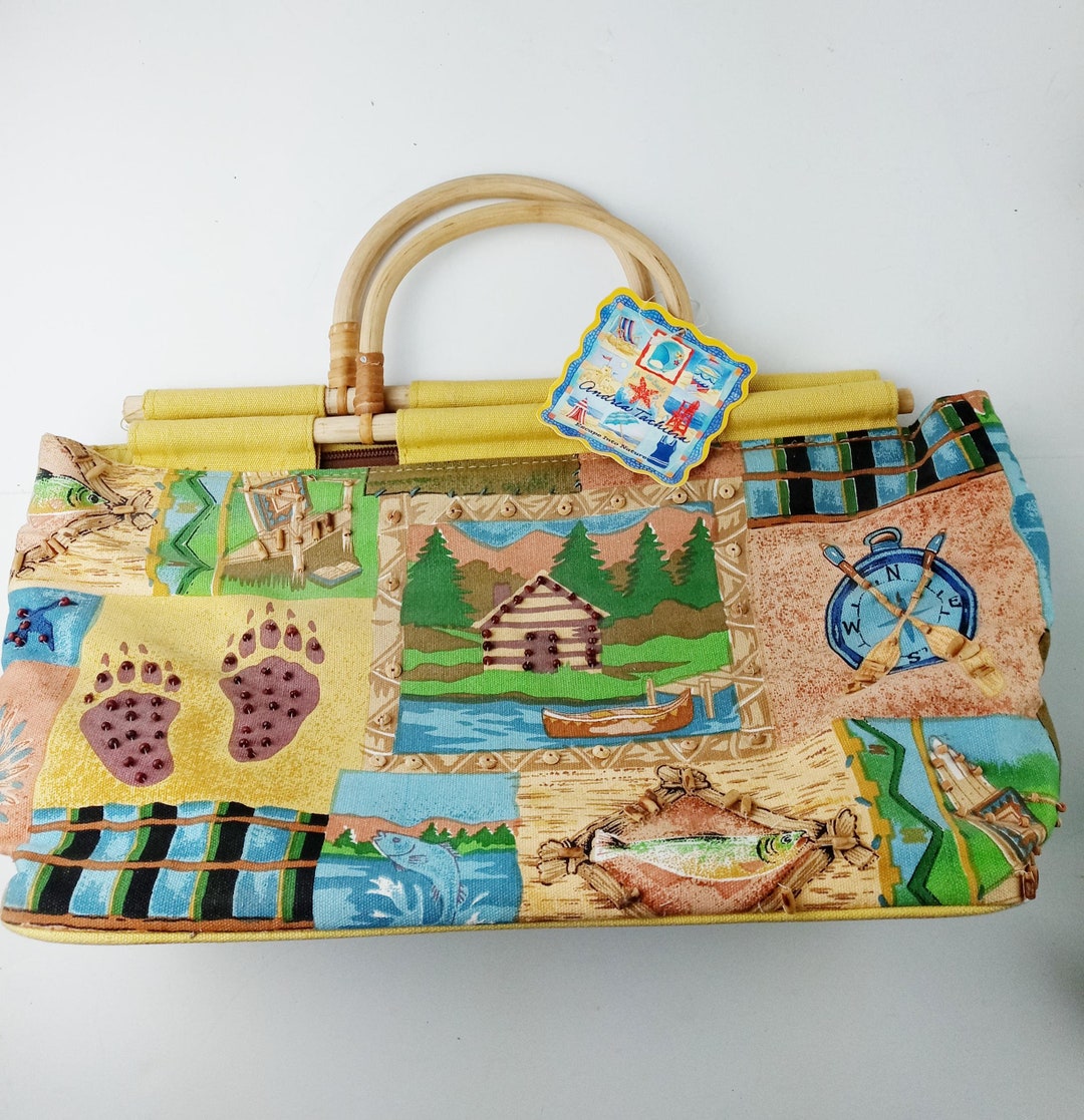 Andrea Tachiera Mountain Lake Cabin Handbag Tote Wood Handles Zipper ...