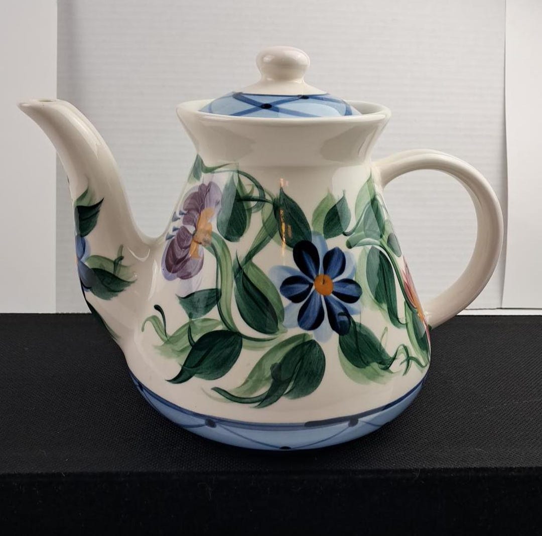 GAIL PITTMAN Vintage TEAPOT Colorful Flowers and Blue Geometric Pattern ...