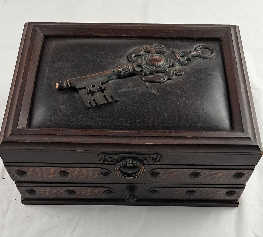 Vintage Mai Japan Jewelry Dresser Box Wood, Leather, Metal, Brass Key ...