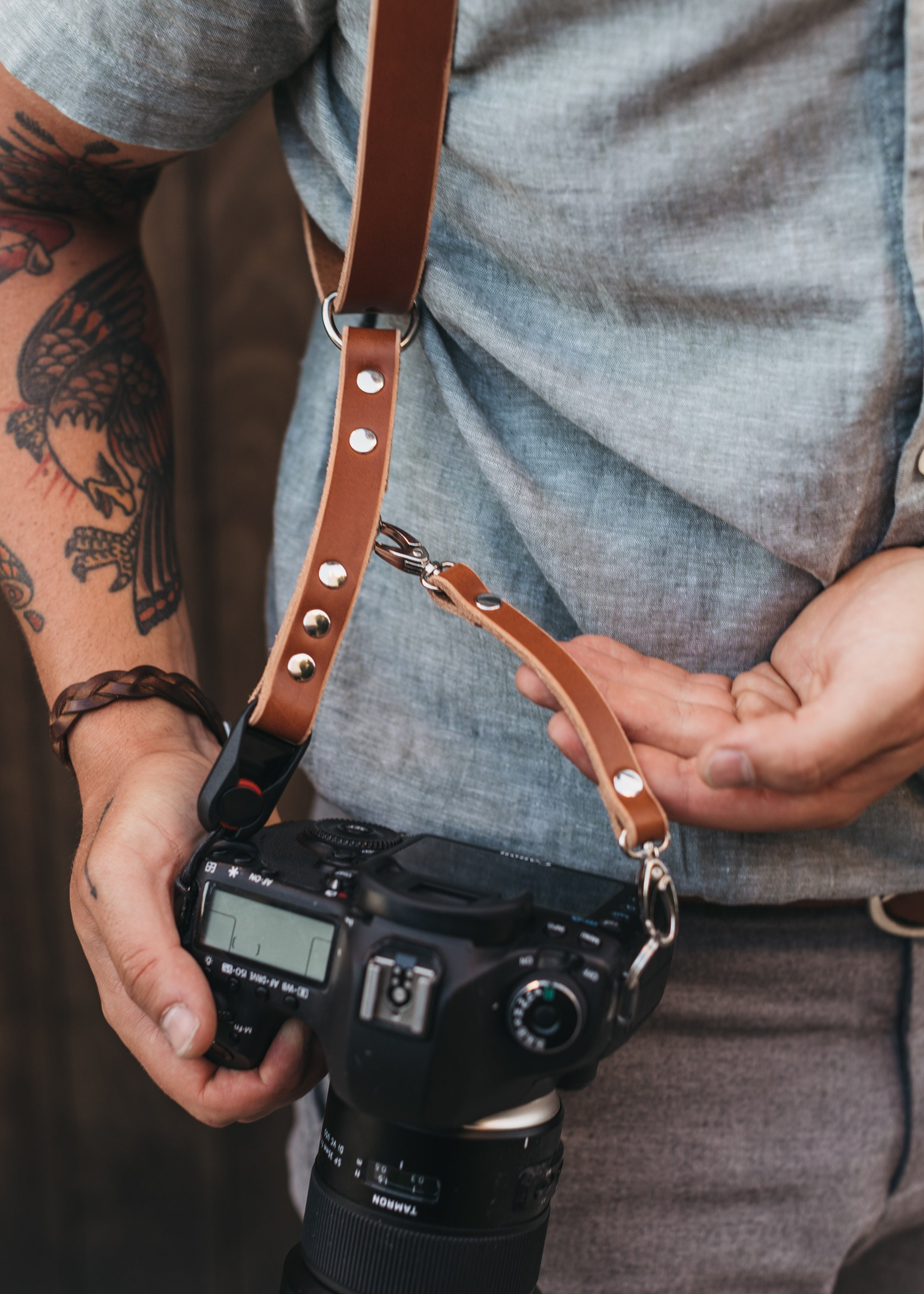Slim Heritage Light Brown Dual Leather Camera Strap / Harness (peak ...