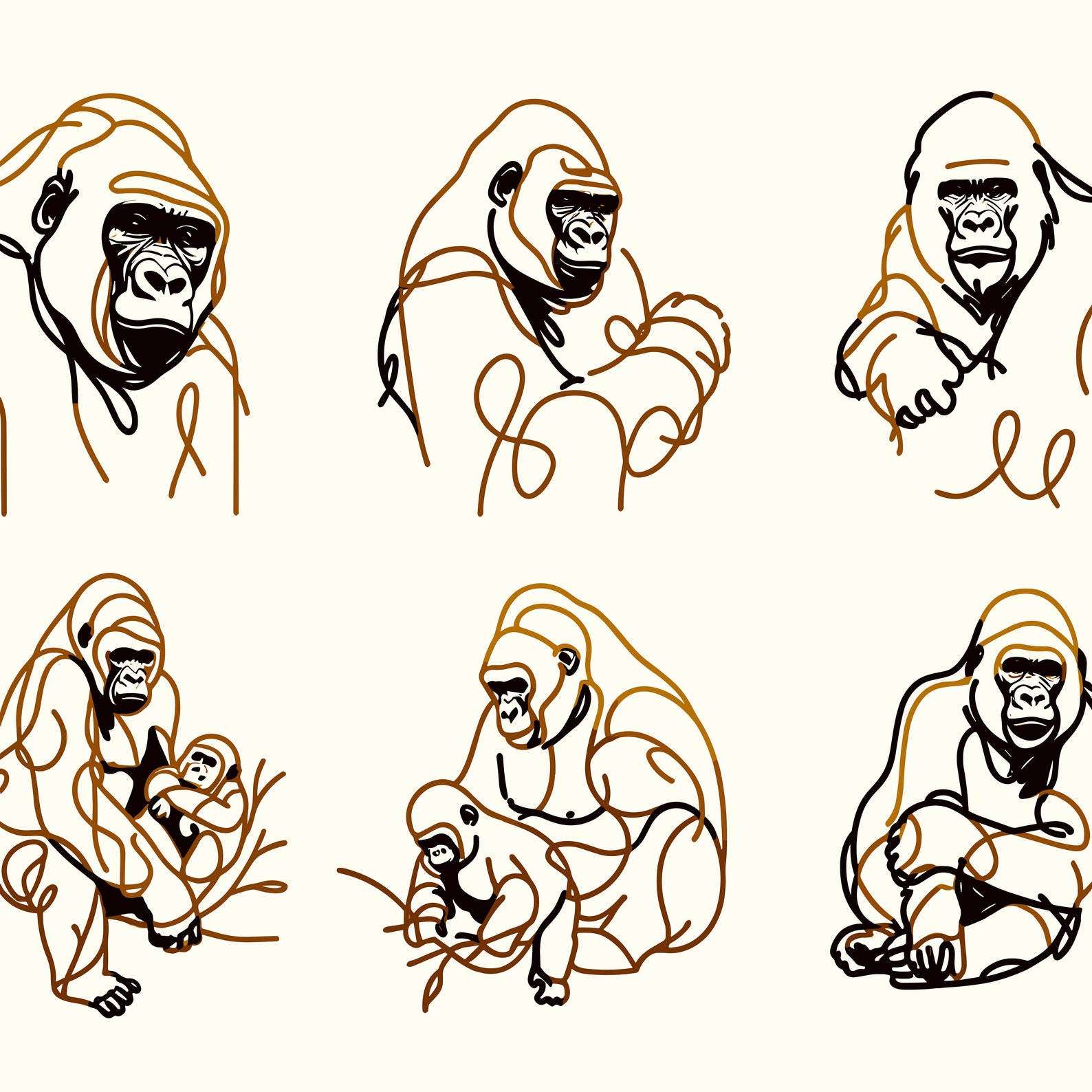 Digital Line Art Style Animals SVG Pack - Lion, Tiger, Penguin, Koala ...