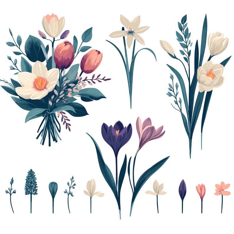 Digital Spring Flower Bouquet Images Pack - Tulips, Daffodils, Crocuses ...