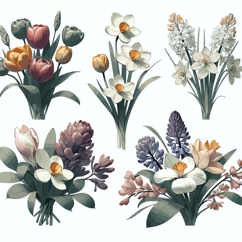 Digital Spring Flower Bouquet Images Pack - Tulips, Daffodils, Crocuses ...