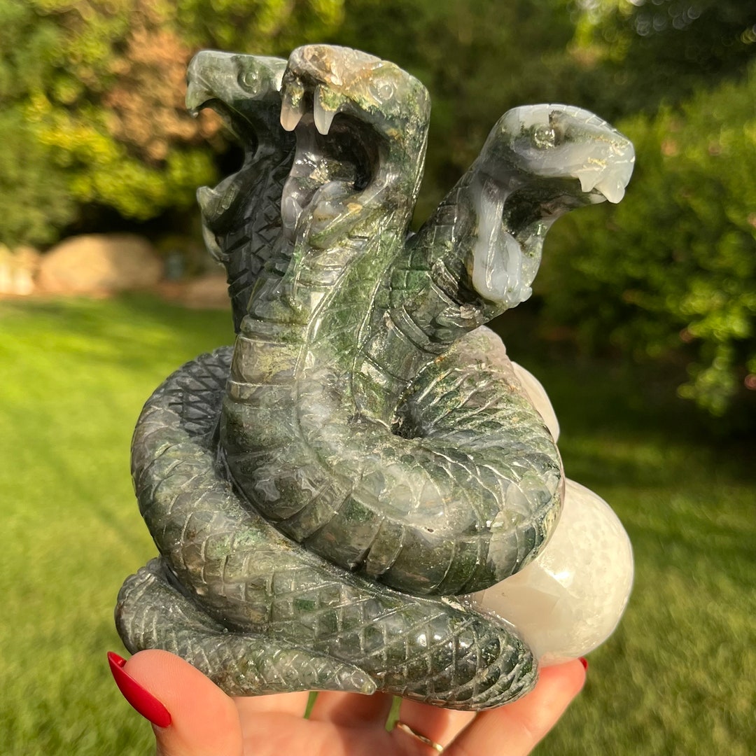 Big Master Carved Moss Agate Snake | Moss Agate Crystal Snake | Three ...