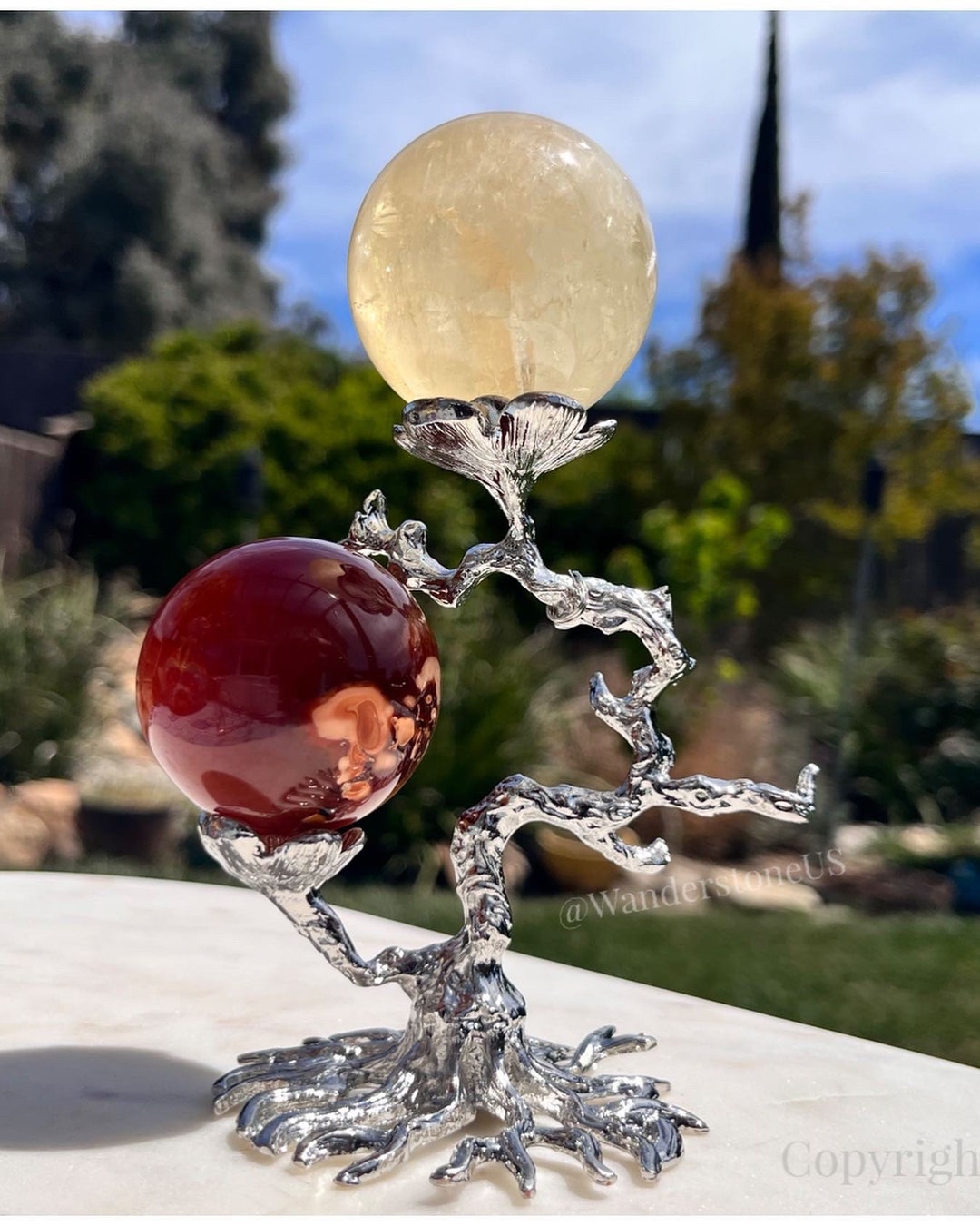 Pewter Crystal Sphere Stand Double Sphere Stand Silver Cherry Tree ...