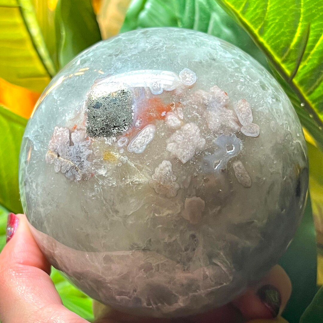 Rare XXL 100mm Green Quartz Pink Flower Agate Sphere With Pyrite ...