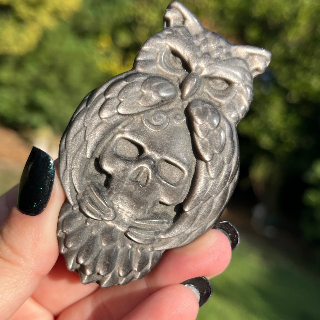 Silver Sheen Obsidian Skull Owl | Owl Crystal | Crystal Skull With Owl ...