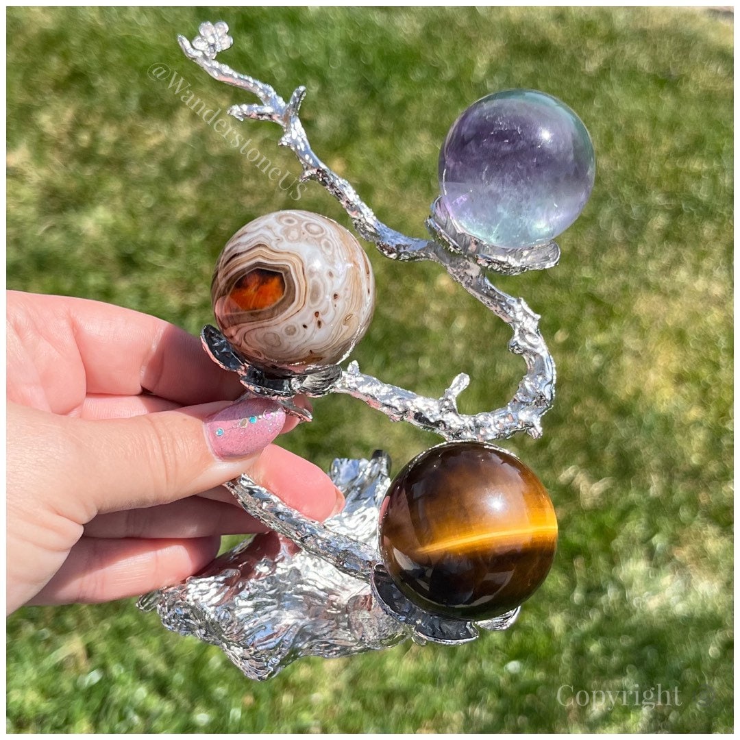 Pewter Crystal Sphere Stand | Triple Sphere Stand | Silver Cherry Tree ...