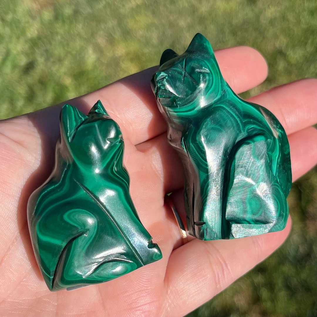 Malachite Cat Carving | Malachite Animal Carving | Cat Figurine ...