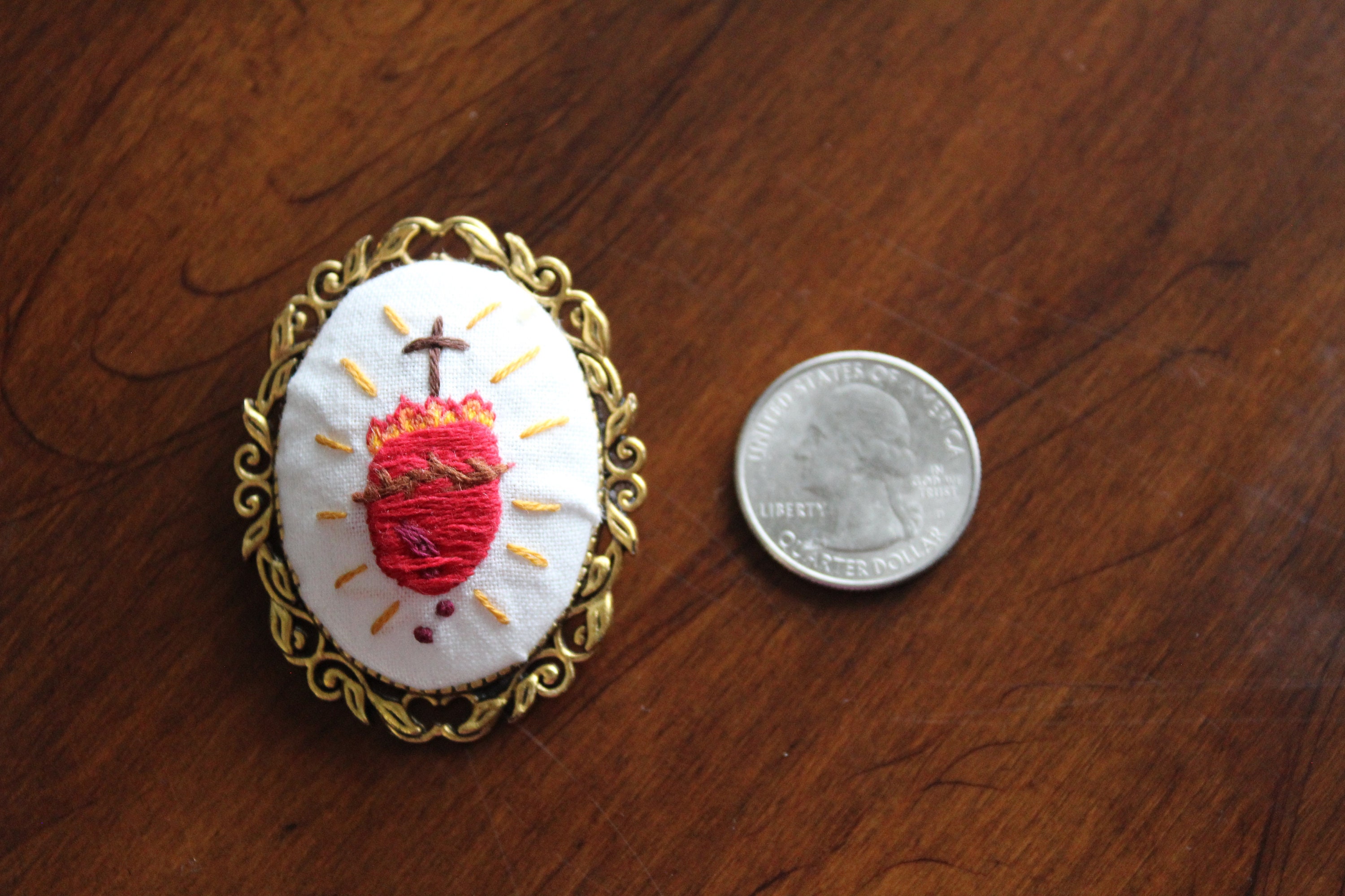 Sacred Heart of Jesus Embroidered Lapel Pin in Gold Vine Frame, Sacred ...