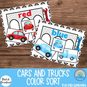 Cars and Trucks Color Sort, Preschool Worksheet, Preschool Printable ...
