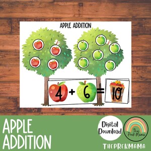 Apple Addition Math Activity Preschool Printable Preschool - Etsy