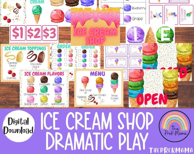 Ice Cream Dramatic Play Set PRINTABLE | Ice Cream Parlor Role Play Set ...