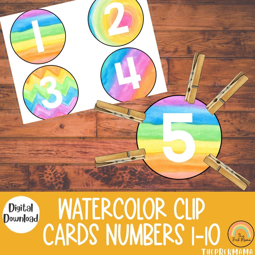 Watercolor Clip Cards Numbers 1-10 Preschool Printable - Etsy